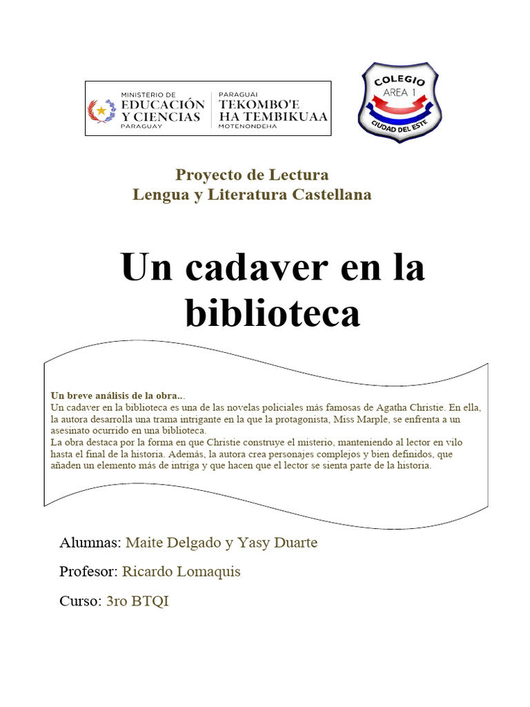 Un Cadaver en La Biblioteca: Proyecto de Lectura Lengua y Literatura Castellana | PDF | Agatha ...