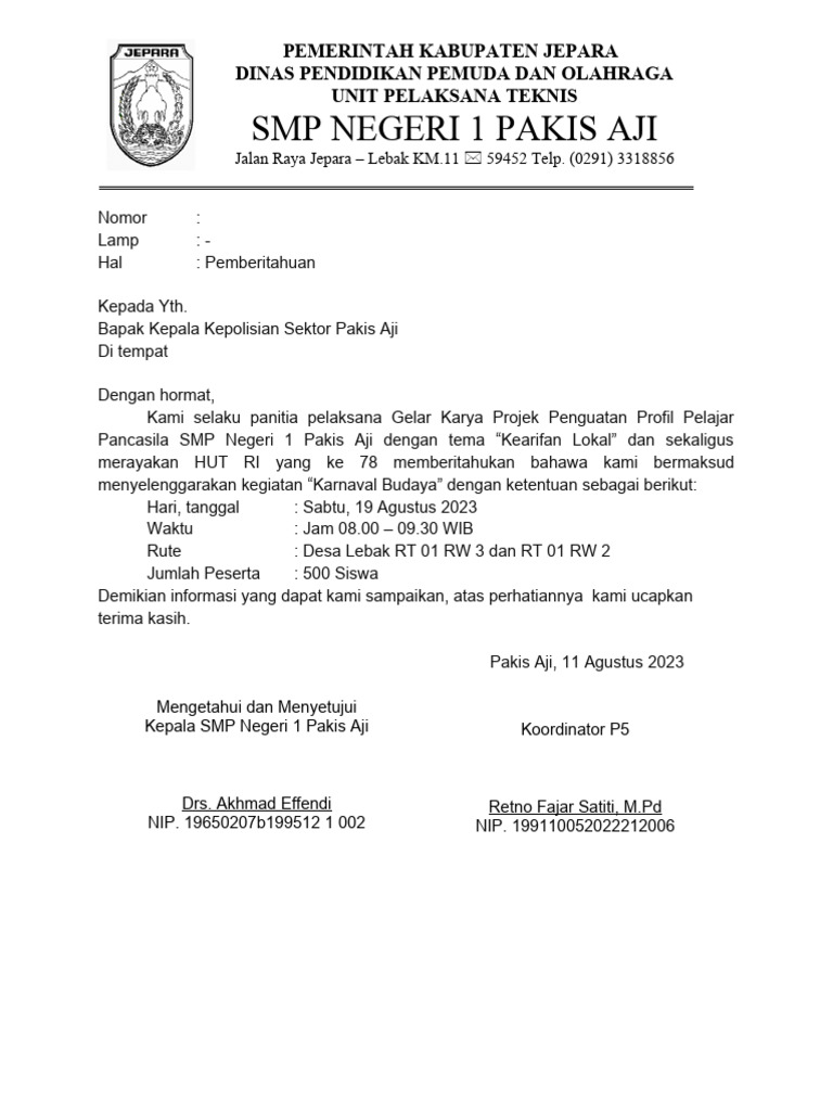 Surat Pemberitahuan Polsek Dan Balai Desa | PDF