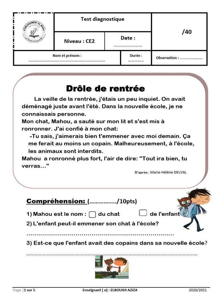 Évaluation Diagnostique CE2 Français | PDF | Verbe | Relations syntaxiques