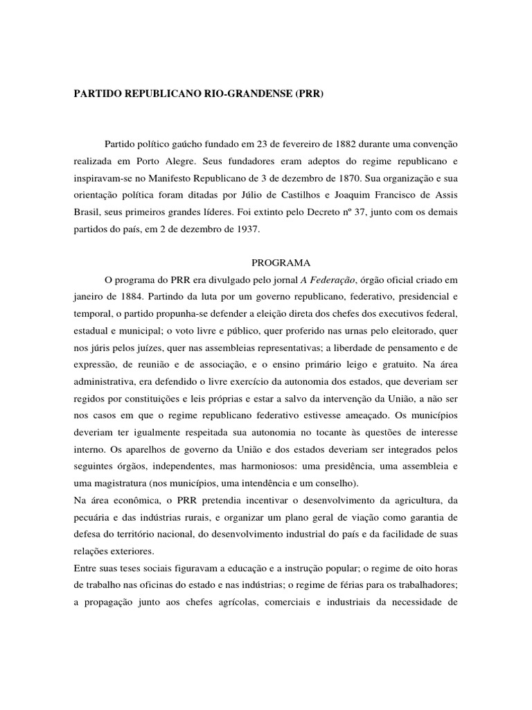 Partido Republicano Rio-Grandense (PRR) | PDF | Brasil | Governo
