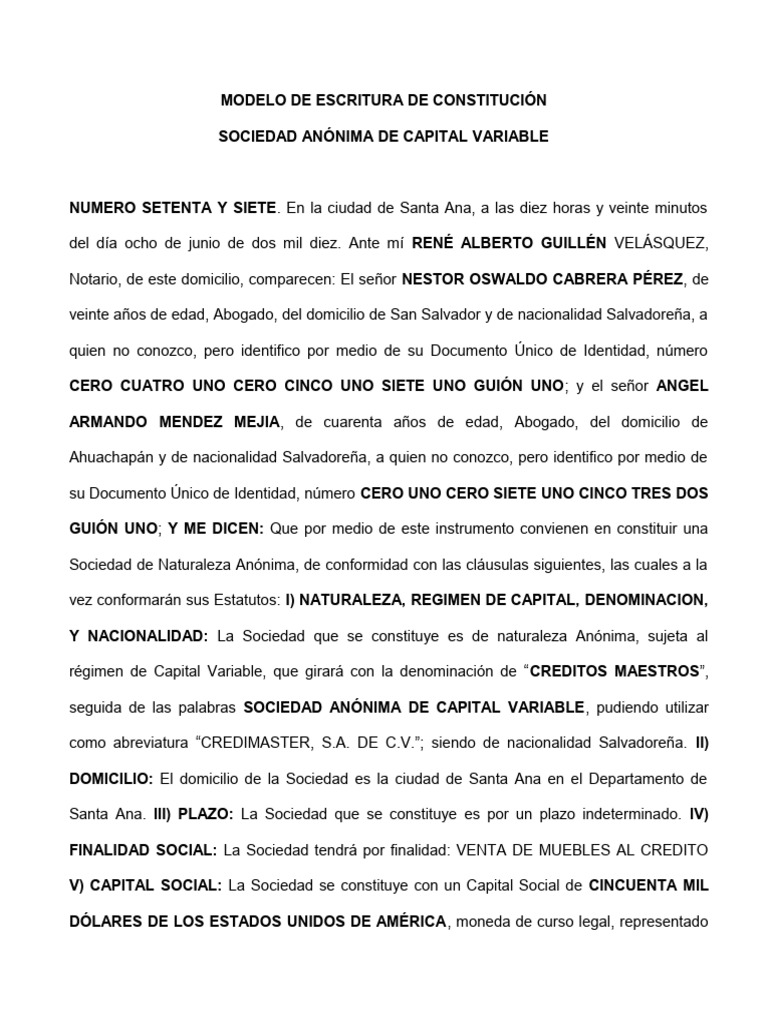 Modelo de Escritura de Constitucion | PDF | Junta Directiva | Compartir (Finanzas)