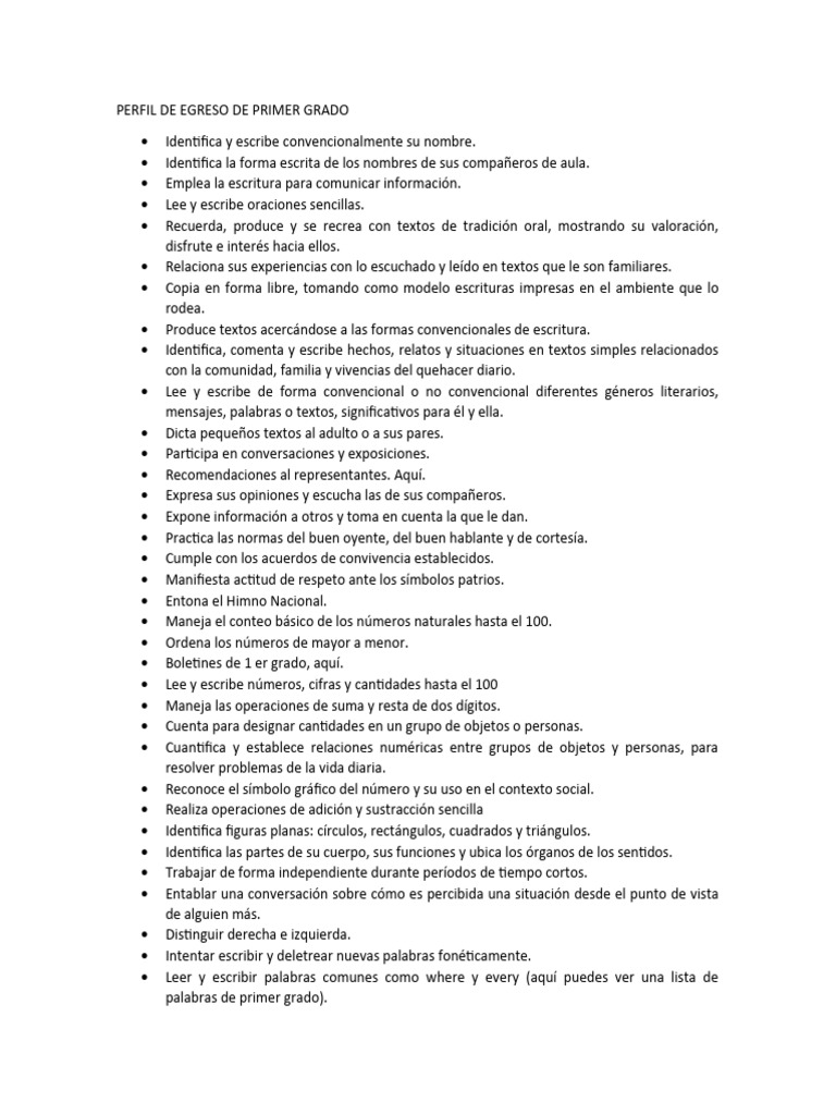 Perfil de Egreso Primer Grado Primaria | PDF | Escritura | Puntuación