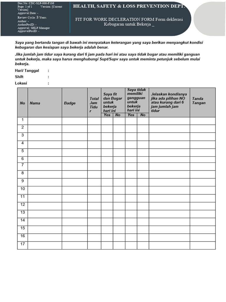Form Deklarasi Kebugaran Bekerja | PDF
