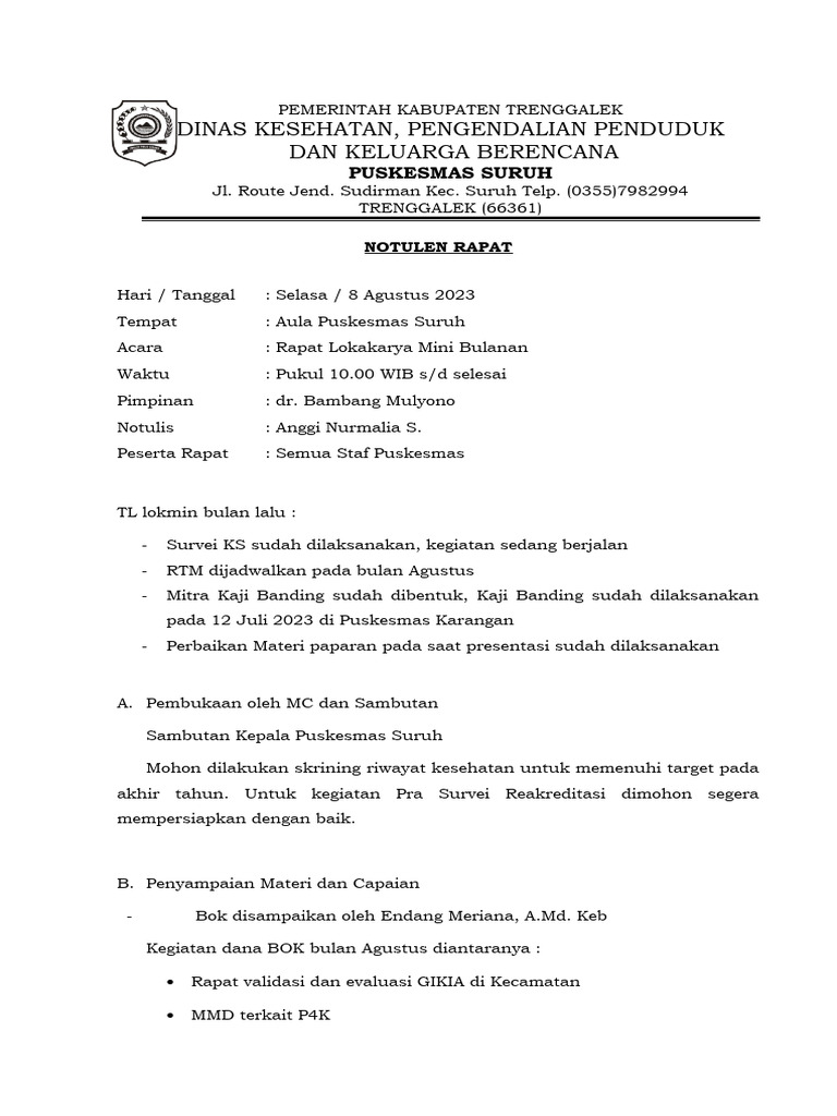 Notulen Lokmin Agst 2023 | PDF | Kesehatan Holistik