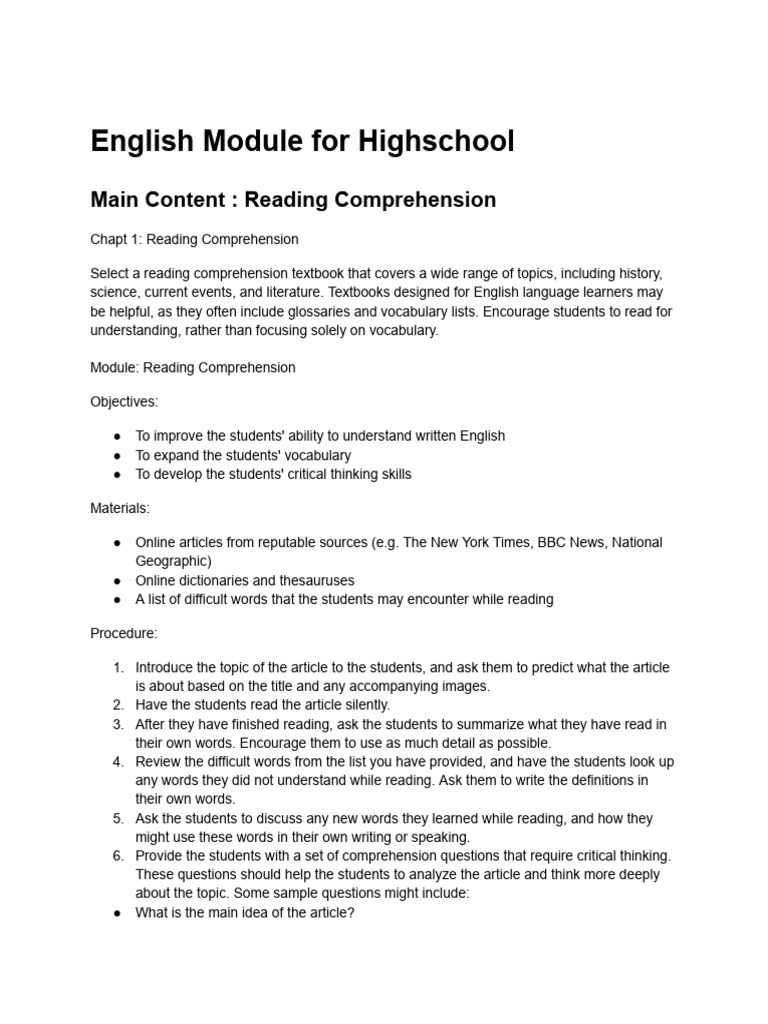 English Module For Highschool | PDF | Reading Comprehension | Vocabulary