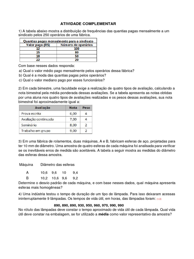 Atividade Complementar Estatística | PDF