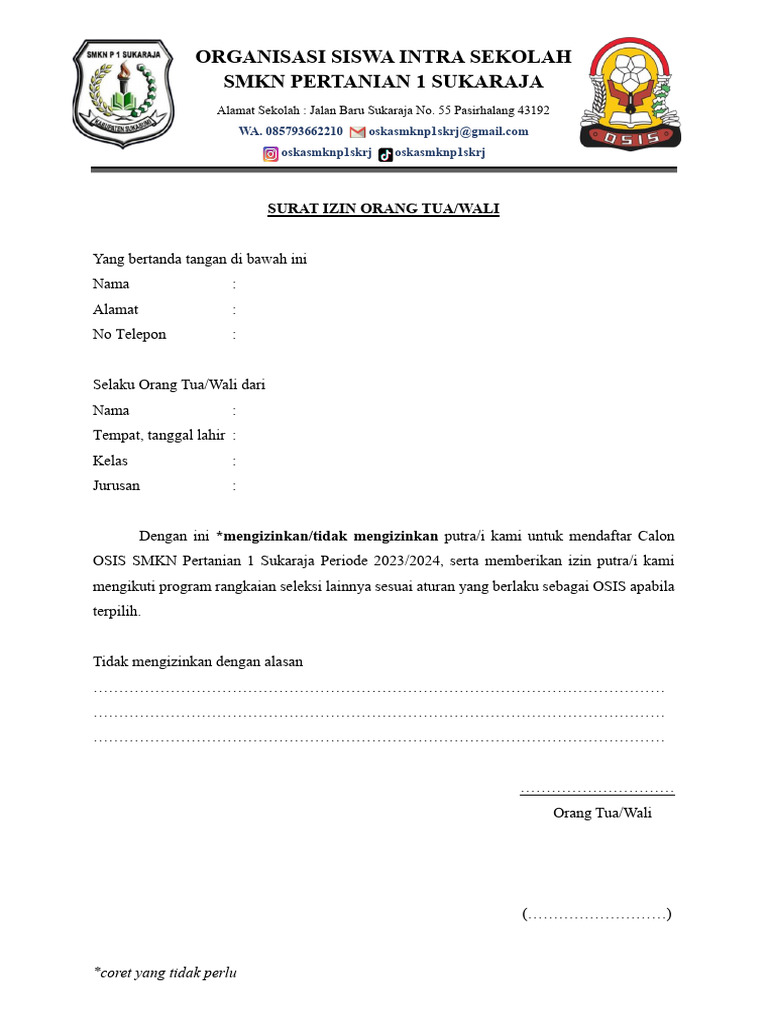Surat Izin Orang Tua Osis | PDF