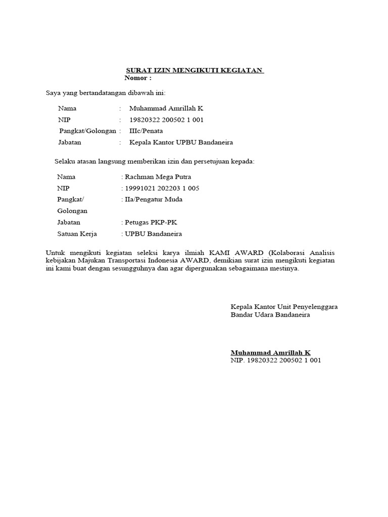 Contoh Surat Izin Atasan Langsung Bagi PNS | PDF