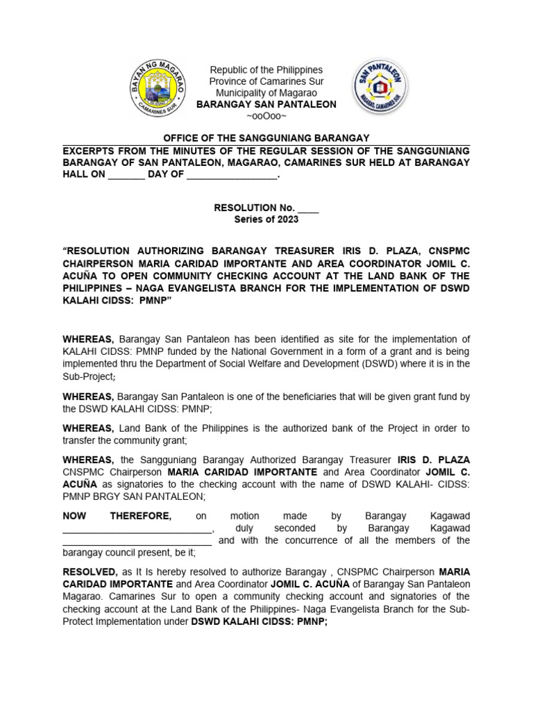 San Pantaleon Resolution Opening of Account 1 | PDF | Philippines | Public Administration