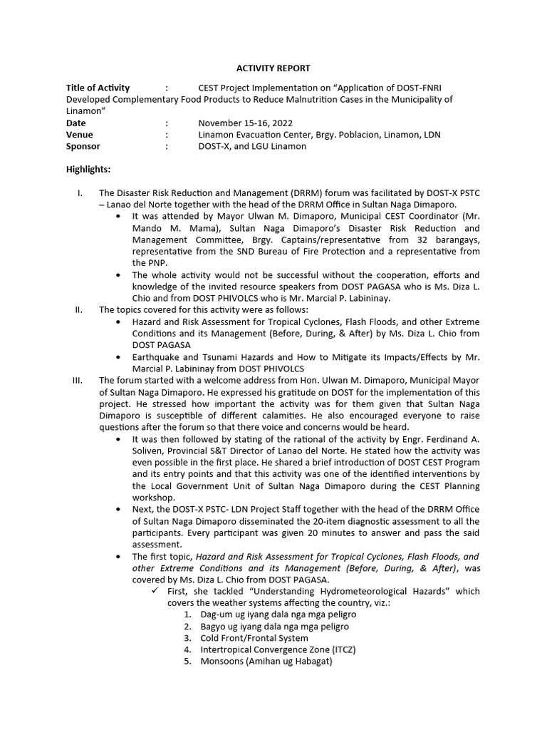 DOST PINOY Training-Activity Report | PDF | Natural Hazards | Disasters
