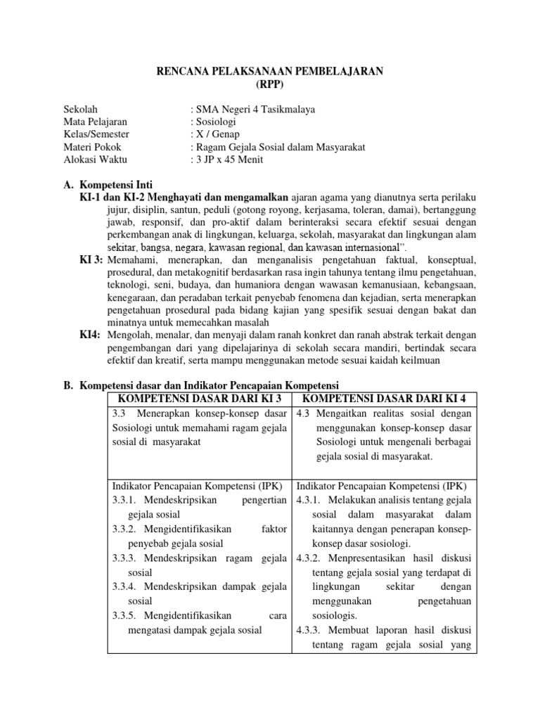 RPP Sosiologi Gejala Sosial | PDF | Karier & Perkembangan | Sains & Matematika