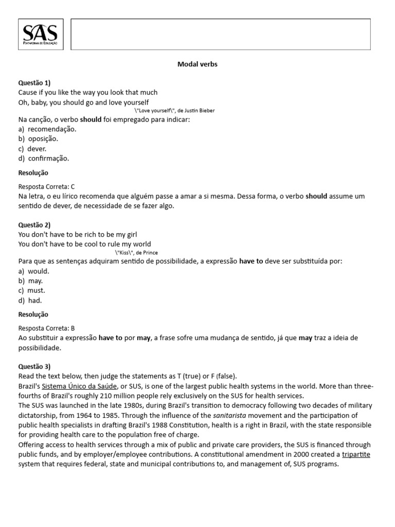 Modal Verbs - Questões Com Gabarito | PDF | Social Programs | Health Care