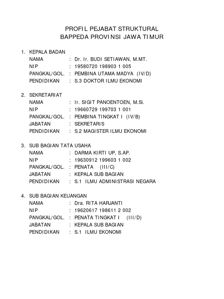 Profil Pejabat Struktural Bappeda Provinsi Jawa Timur | PDF | Ilmu Sosial | Perjalanan