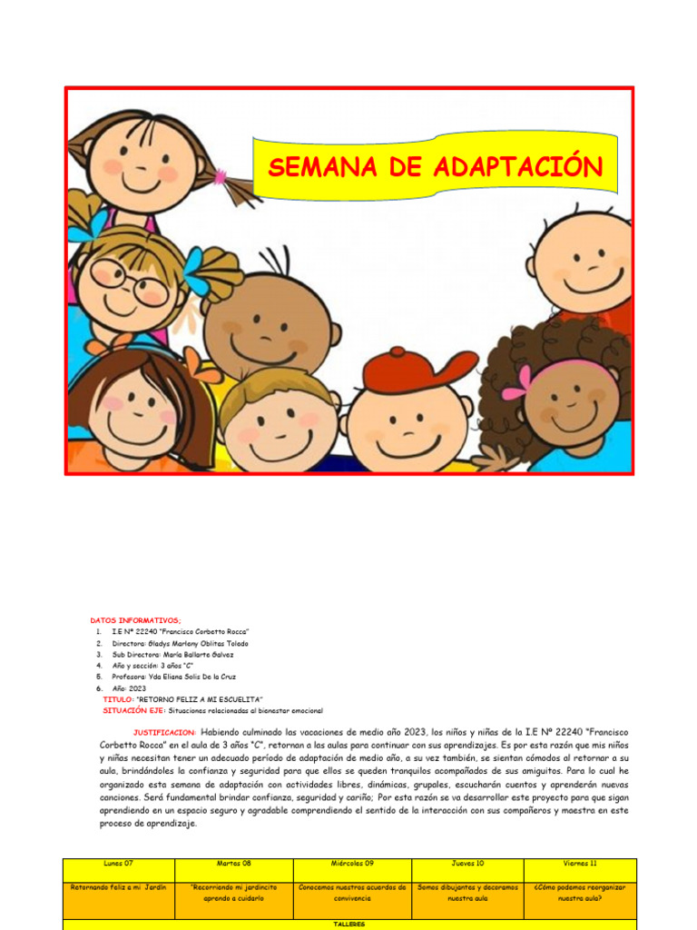 Semana de Adaptacion | PDF | Salón de clases | Las emociones