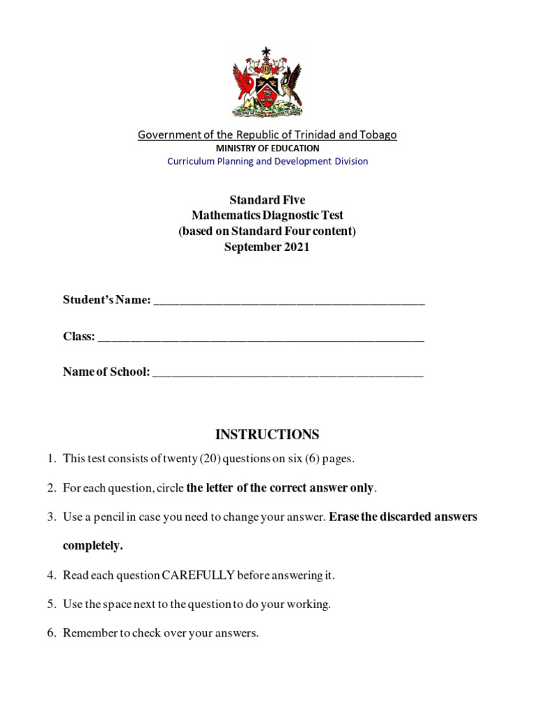 Standard 5 Diagnostic Test With Instructions | PDF | Rectangle ...