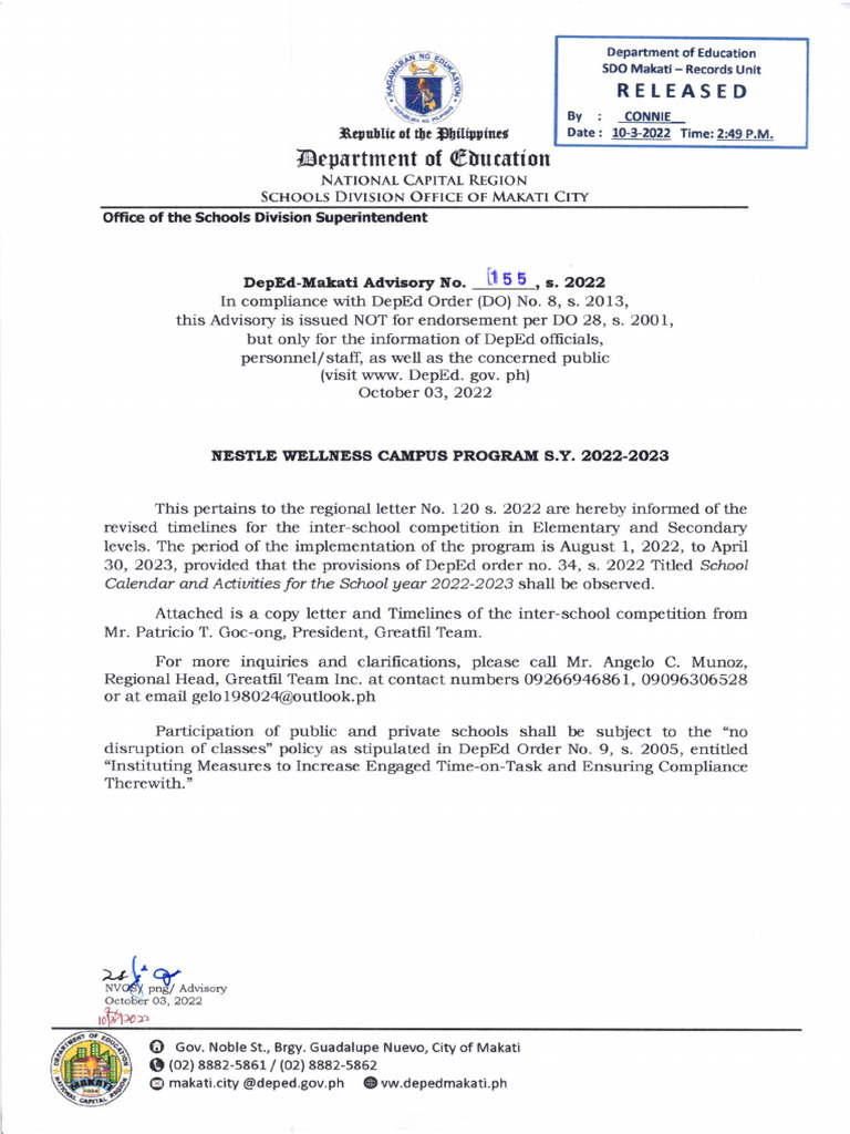 DepEd MAKATI Advisory 155 NESTLE WELLNESS CAMPUS PROGRAM S.Y. 2022 2023 ...