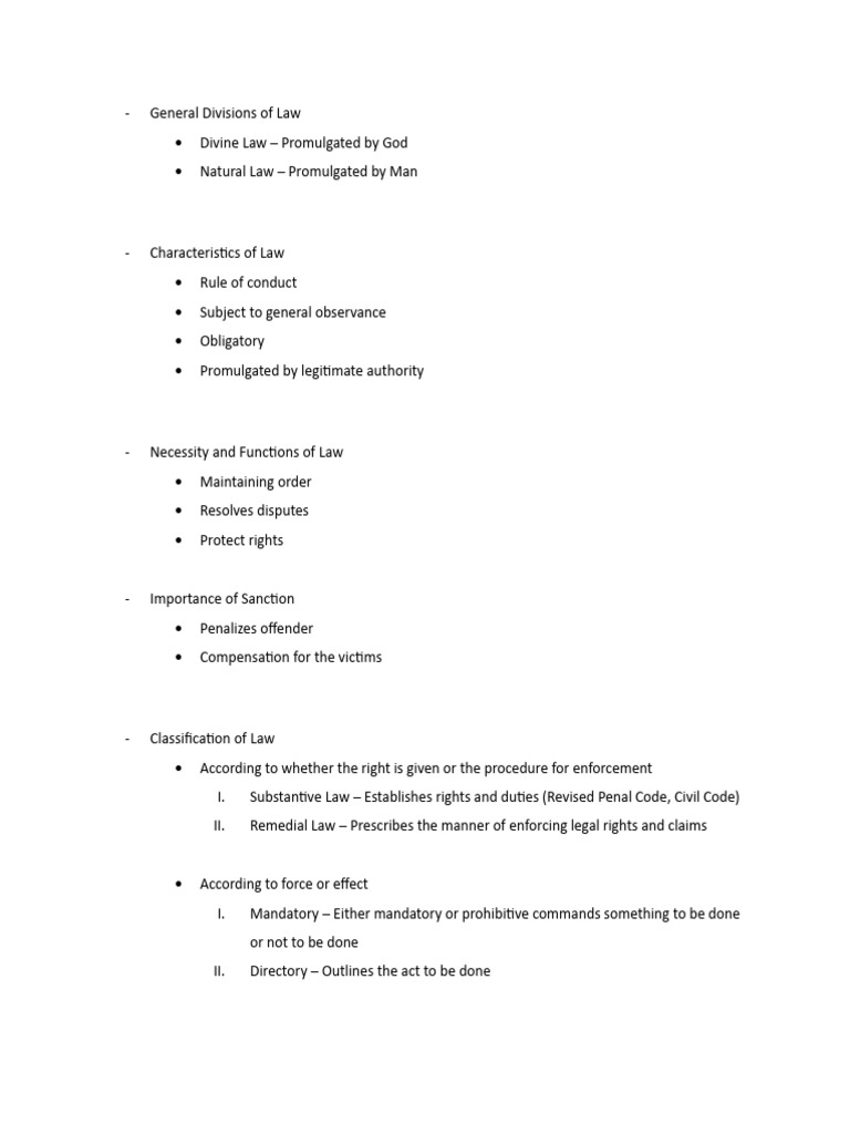 General Divisions and Characteristics of Law | PDF