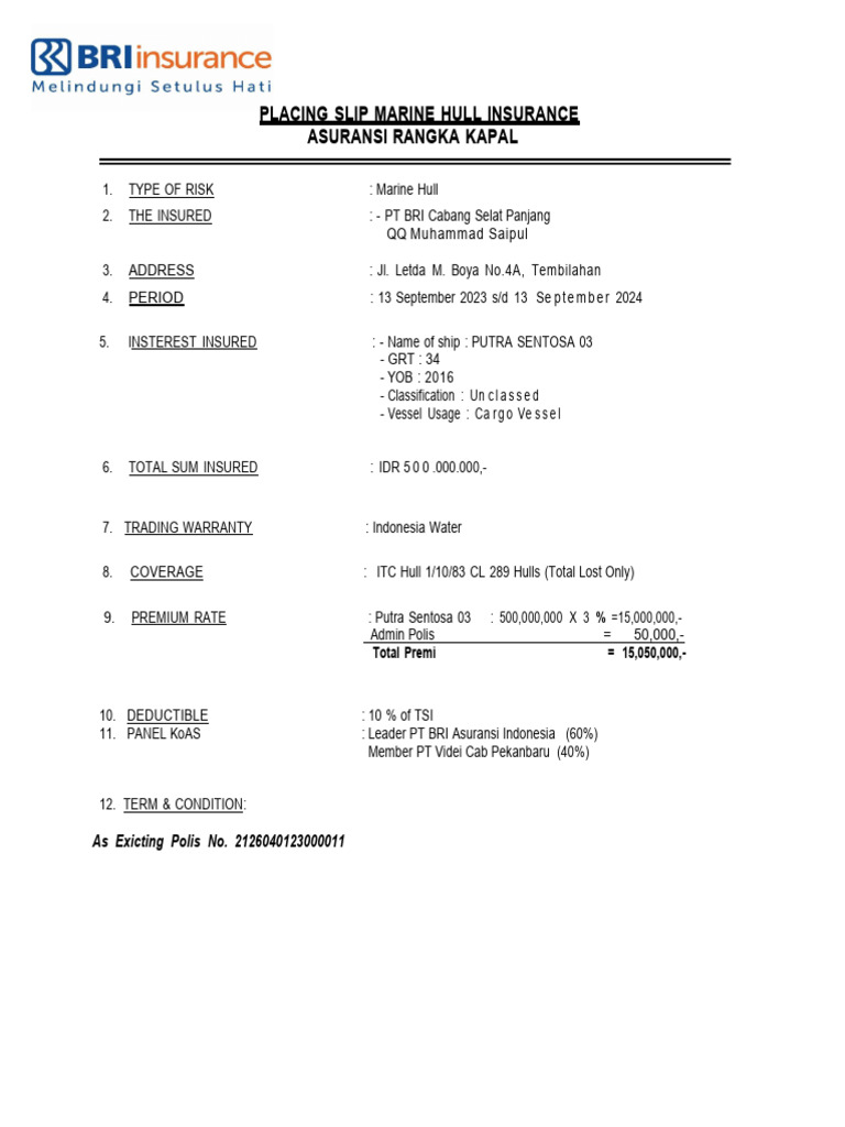 Marine Hull Insurance for Putra Sentosa 03 | PDF | Insurance ...