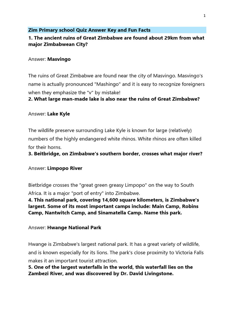 Zimbabwe Quiz for Primary Students | PDF | Zimbabwe