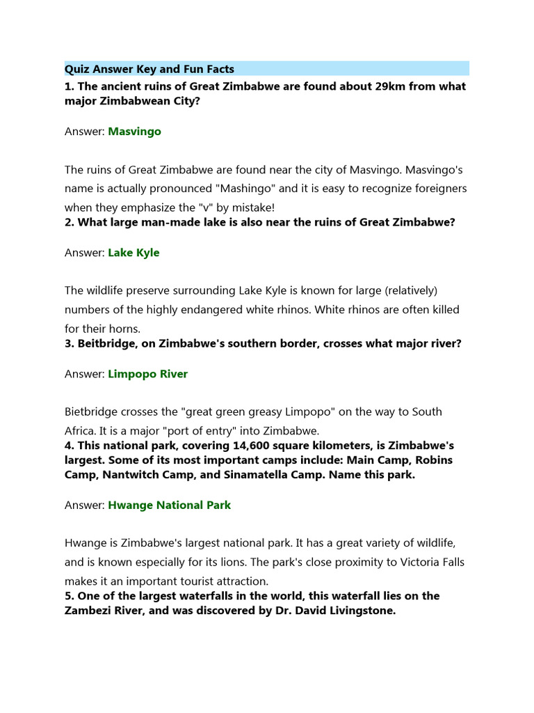 Fun Facts and Quiz on Zimbabwe | PDF | Zimbabwe | Zambia