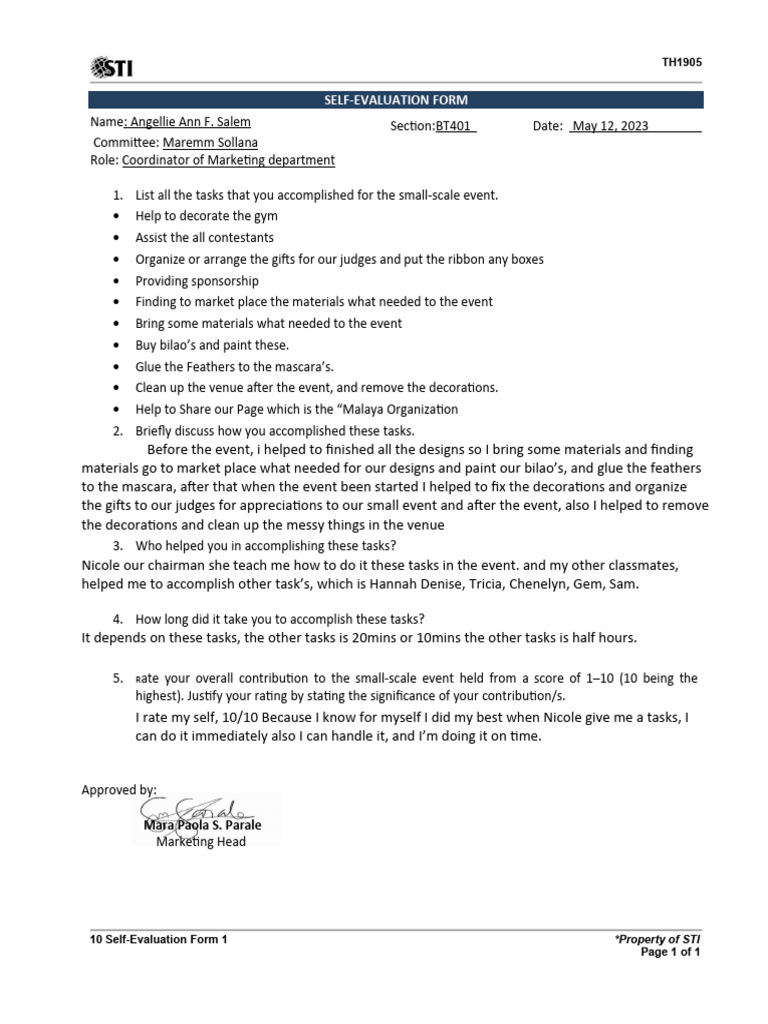 10 Self-Evaluation Form 1 TP - SALEM | PDF