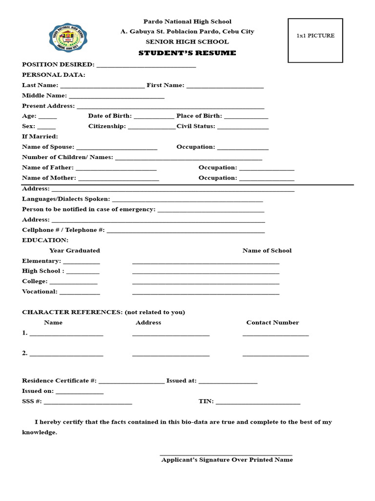 Student'S Resume: 1X1 Picture | PDF