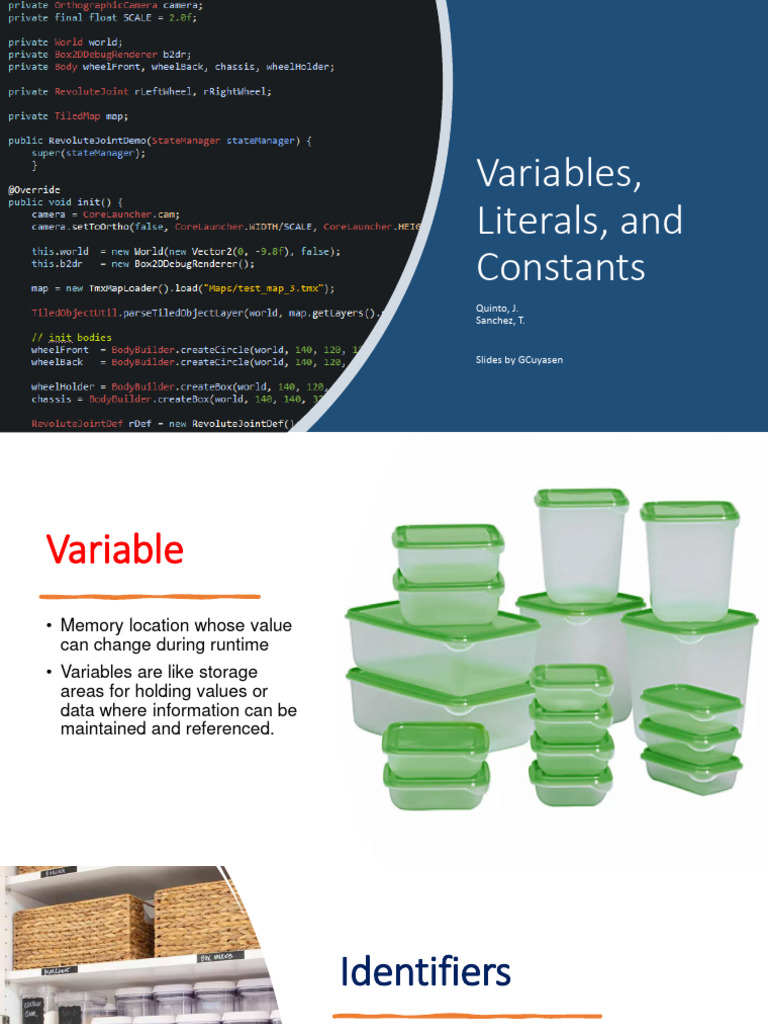 Variables, Literals, and Constants: Quinto, J. Sanchez, T | PDF | Variable (Computer Science ...