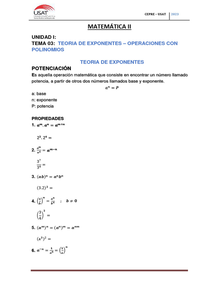 Teoria de Exponentes | PDF | Sustracción | Matemáticas