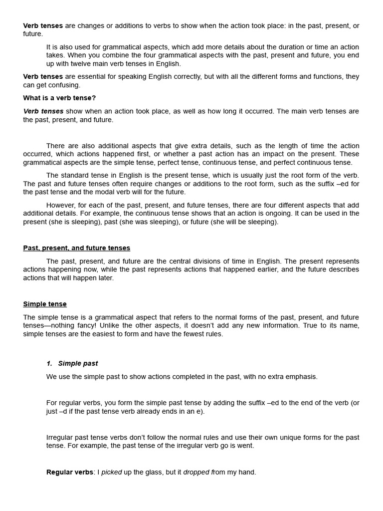 Handout in Verb Tenses | PDF | Perfect (Grammar) | Grammatical Tense