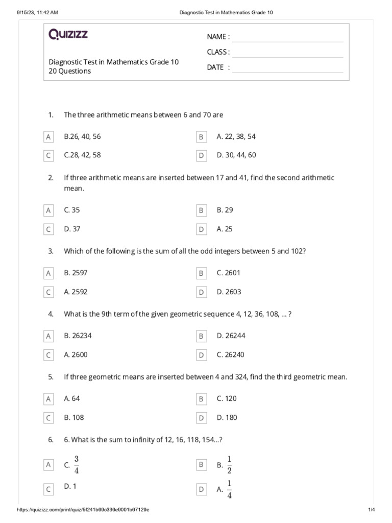 Grade 10 Math Diagnostic Test | PDF | Circle | Mean