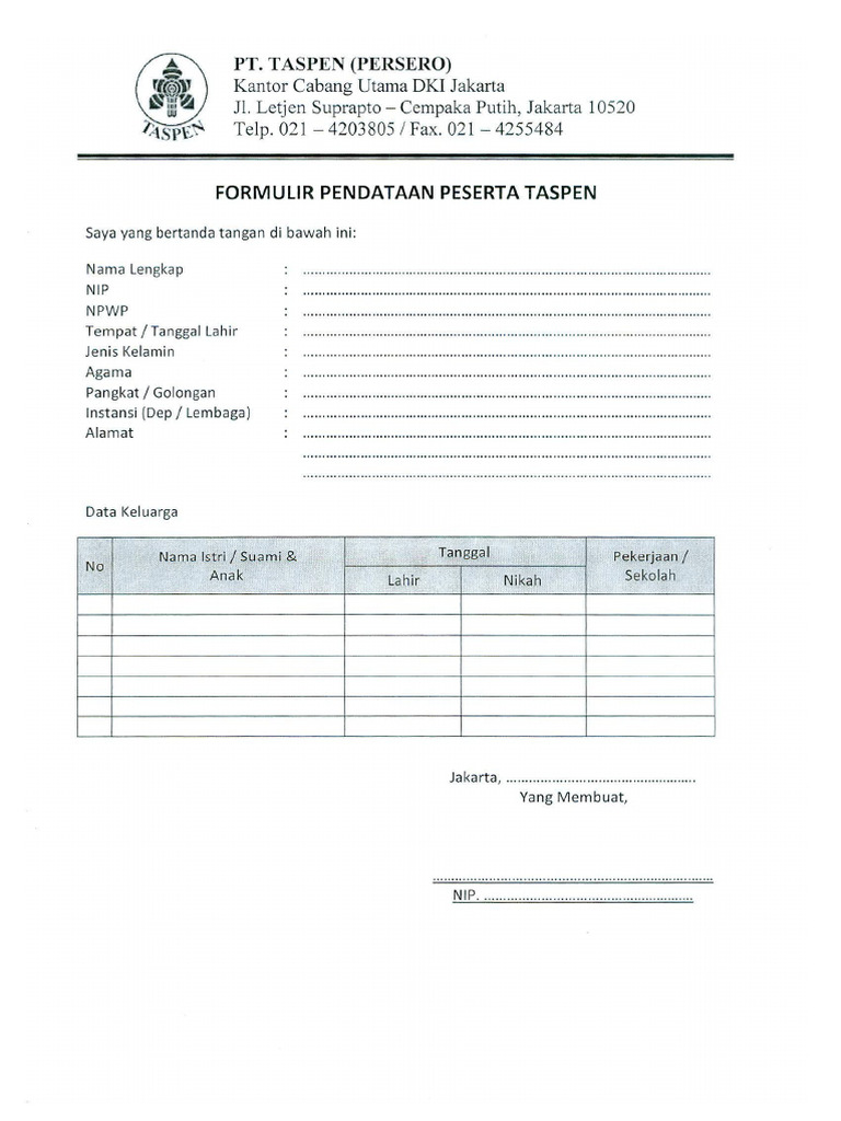 Formulir Taspen | PDF