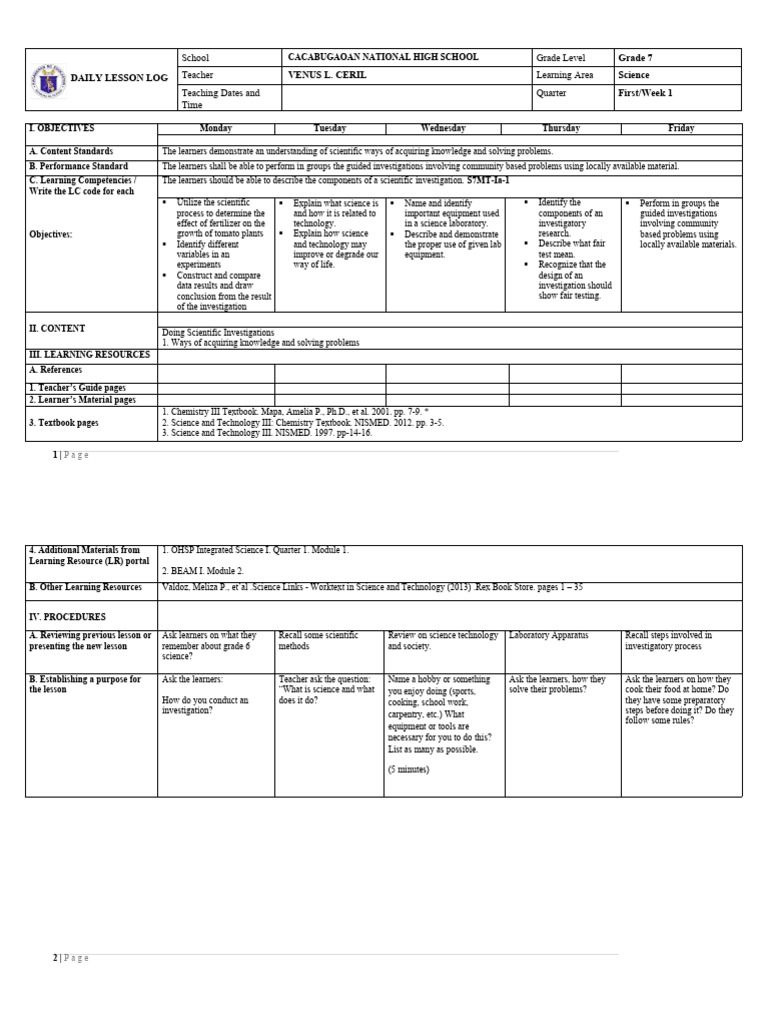 DLL Science G7 Q1 W1 | PDF | Learning | Science