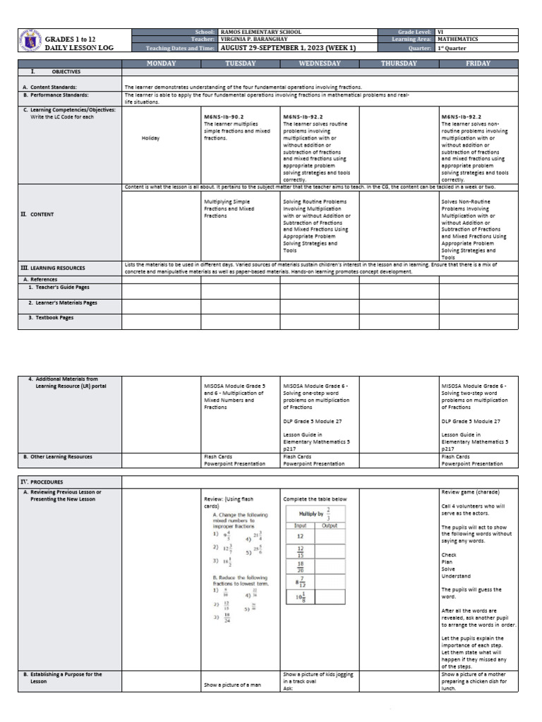 DLL - Mathematics 6 - Q1 - W1 | PDF | Learning | Teachers