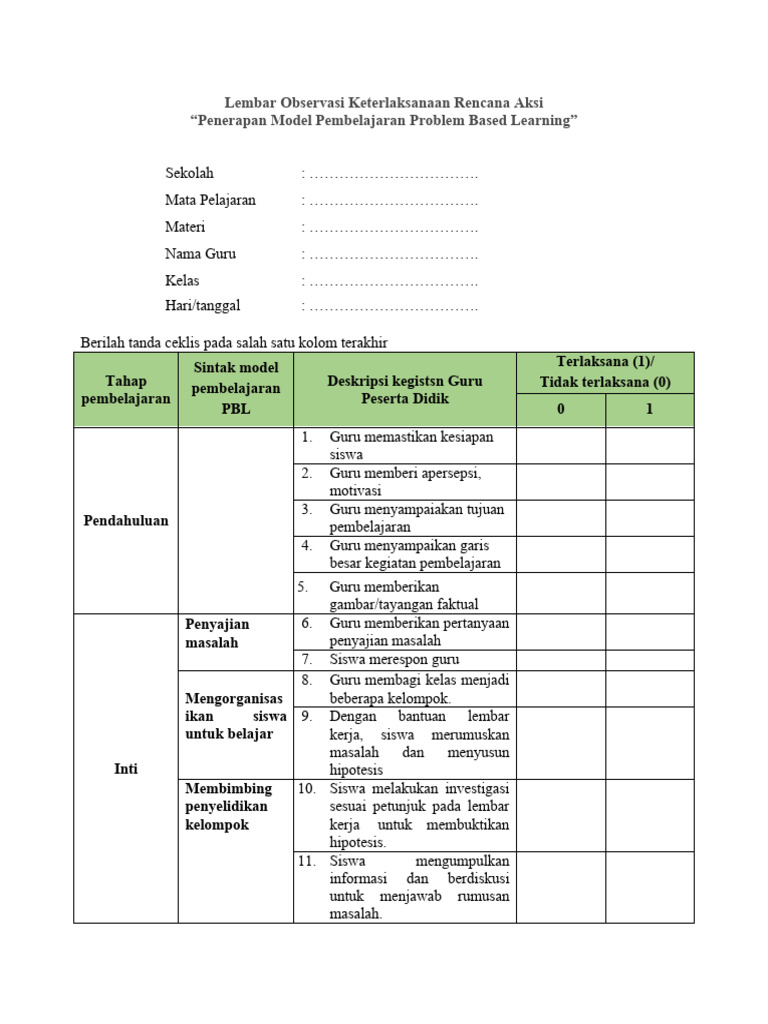 Lembar Observasi PBL | PDF