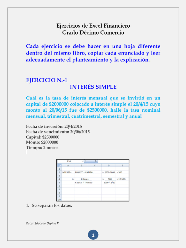 Ejercicios de Excel Financiero Grado Décimo Comercio - PDF Descargar Libre | PDF
