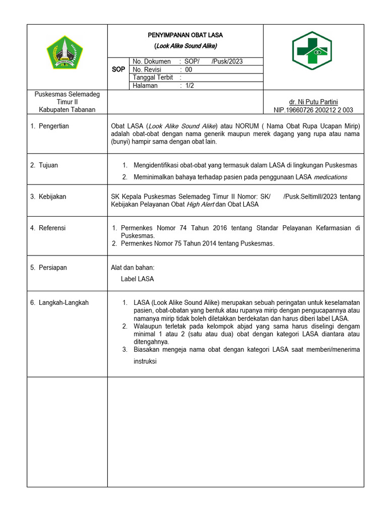Sop Penyimpanan Obat Lasa High Alert Dan Pelabelan Pdf