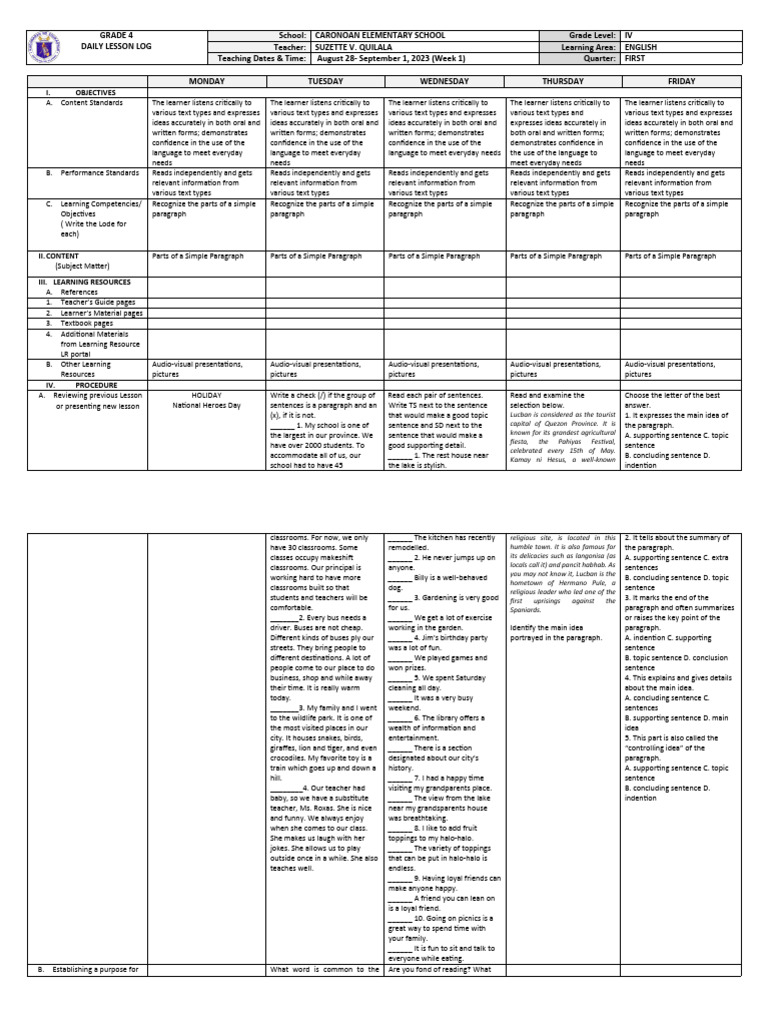 DLL - ENGLISH 4 - Q1 - W1 - Recognize The Parts of A Simple Paragraph @edumaymay@lauramos | PDF