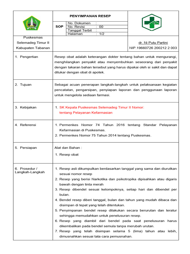 Sop Penyimpanan Resep | PDF