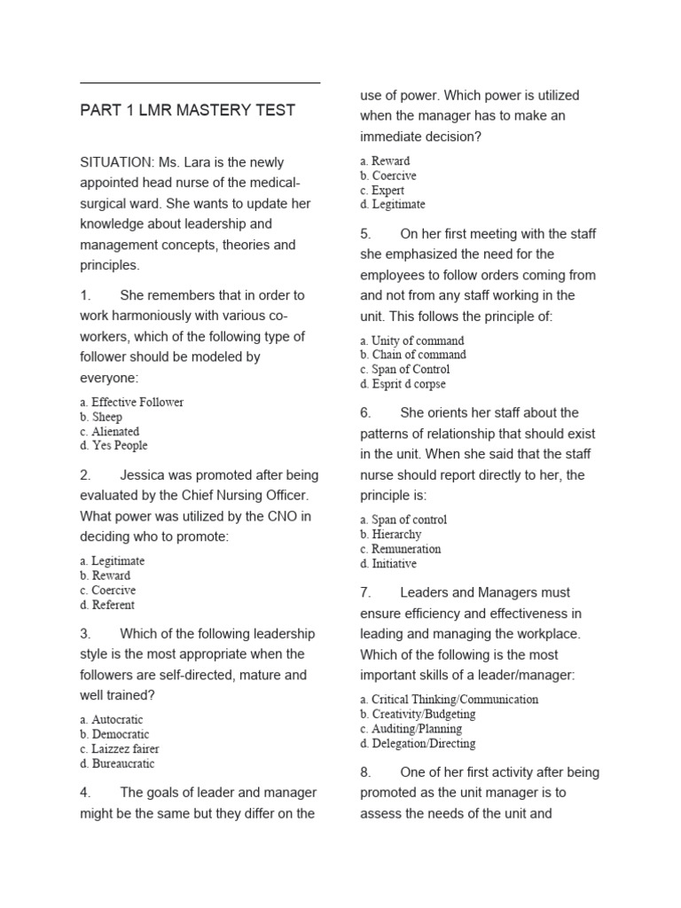 Part 1 LMR Mastery Test | PDF | Leadership | Nursing