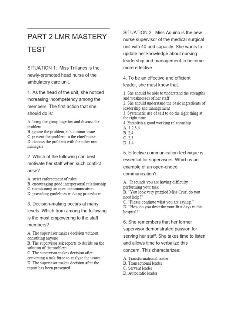 Part 2 LMR Mastery Test | PDF | Nursing | Leadership