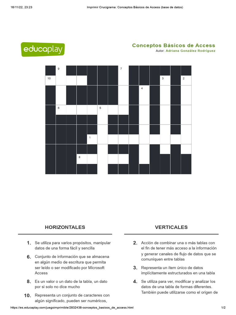 Imprimir Crucigrama - Conceptos Básicos de Access (Base de Datos) | PDF