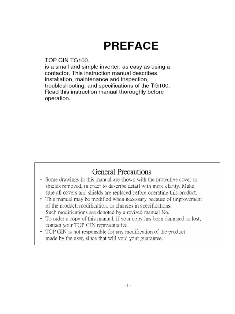 TG100 Manual | PDF | Power Supply | Electric Motor