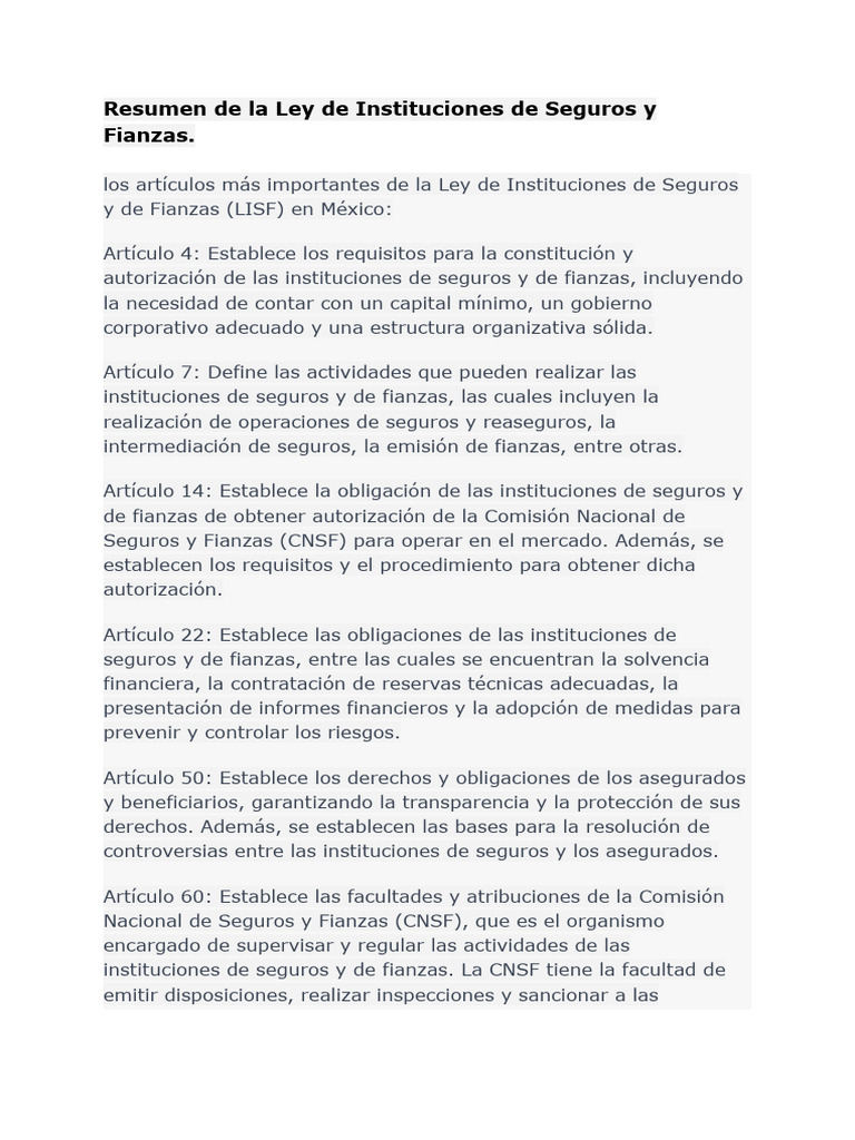 Resumen de La Ley de Instituciones de Seguros y Fianzas | PDF | Seguro | Póliza de seguros