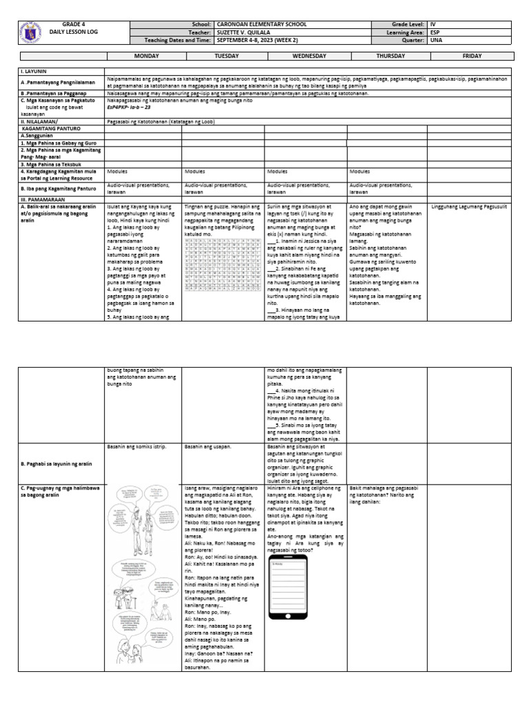 DLL - ESP 4 - Q1 - W2 - Nakapagsasabi NG Katotohanan @edumaymay @lauramos | PDF