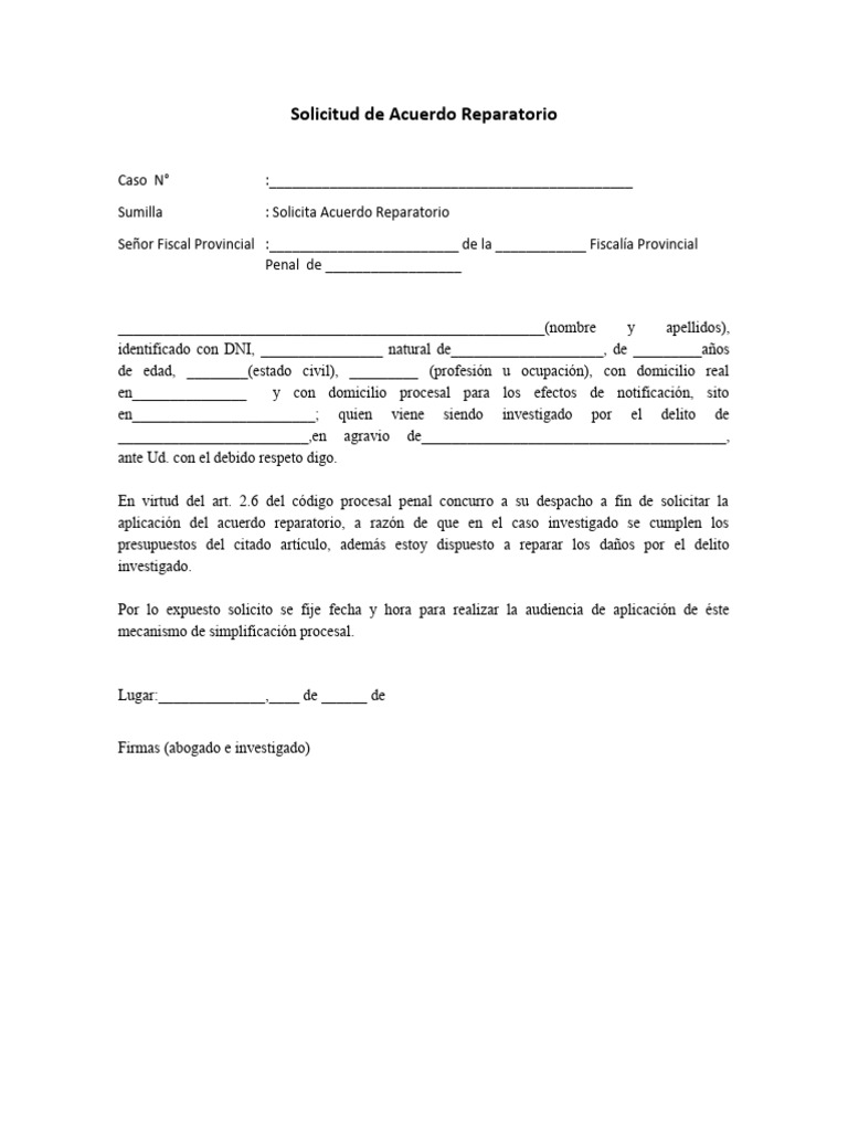 Formato de Solicitud de Acuerdo Reparatorio | PDF Formato de Solicitud de Acuerdo Reparatorio | PDF