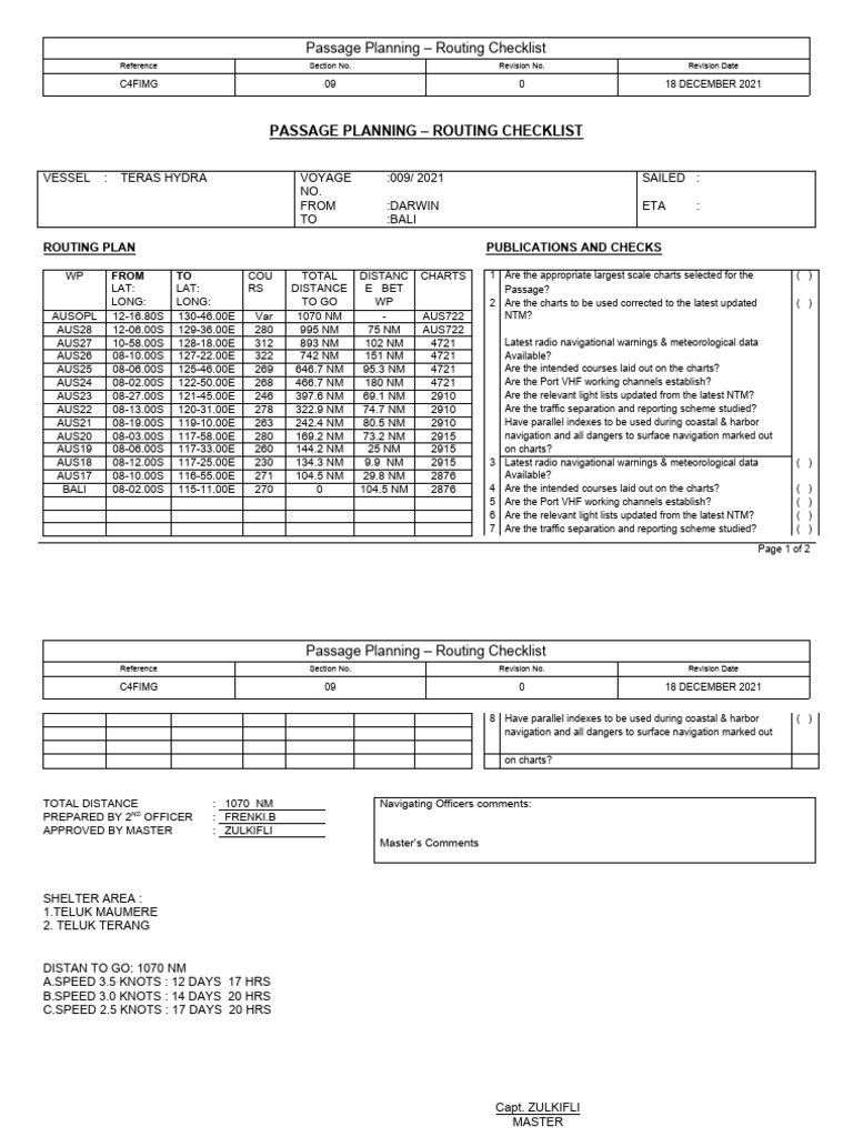 Passage Planning Routing Checklist | PDF | Navigation | Water Transport