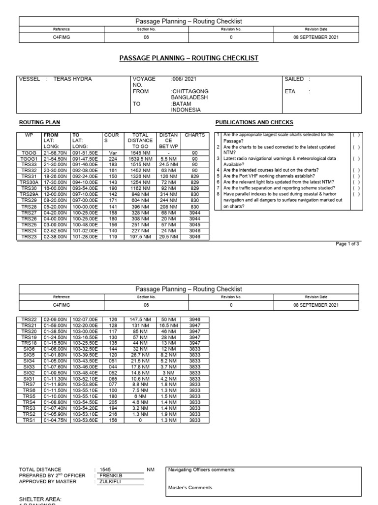 Passage Planning Routing Checklist | PDF | Water Transport | Ships