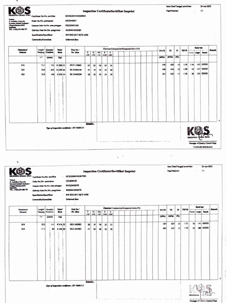 Mill Sheet Besi Beton Ulir Krakatau Steel | PDF