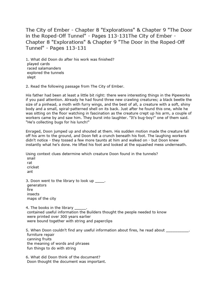 The City of Ember Chapter 8-9 Quiz | PDF