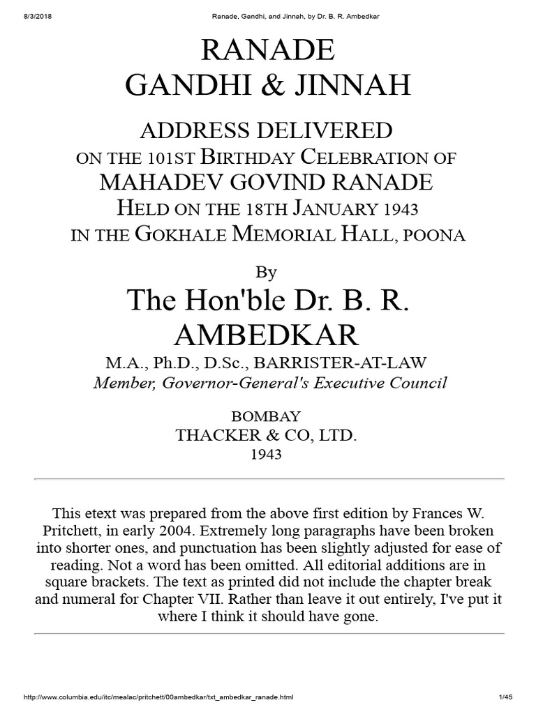 Ranade, Gandhi, and Jinnah, by Dr. B. R. Ambedkar | PDF